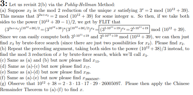 3: Let us revisit 2(b) via the Pohlig-Hellman Method: | Chegg.com
