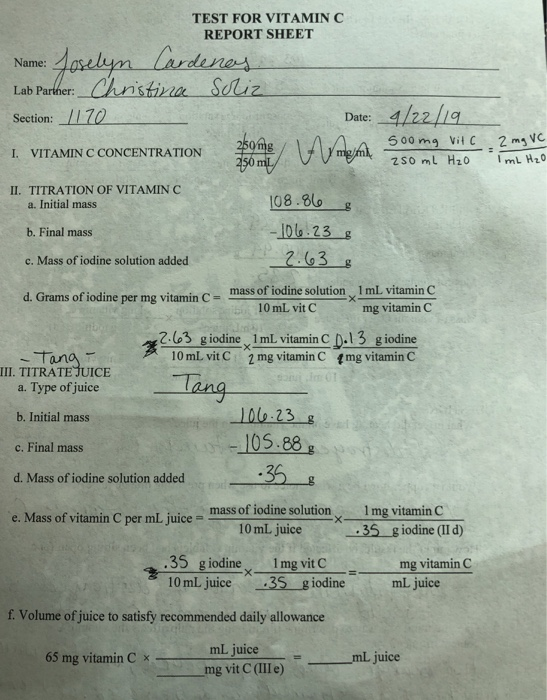 TEST FOR VITAMIN C REPORT SHEET arde he Name Lab | Chegg.com