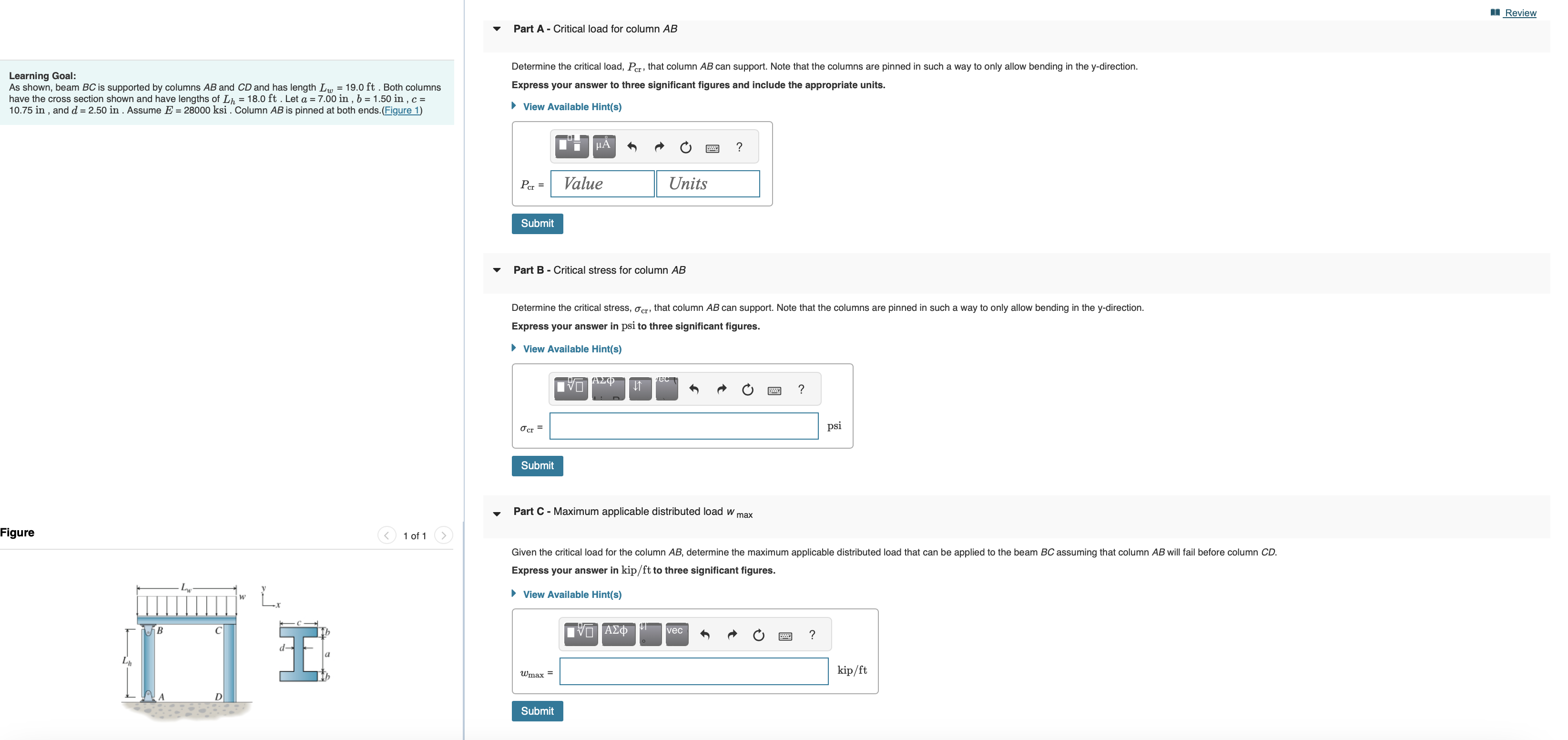 Solved Part A - ﻿Critical load for column ABLearning Goal: | Chegg.com