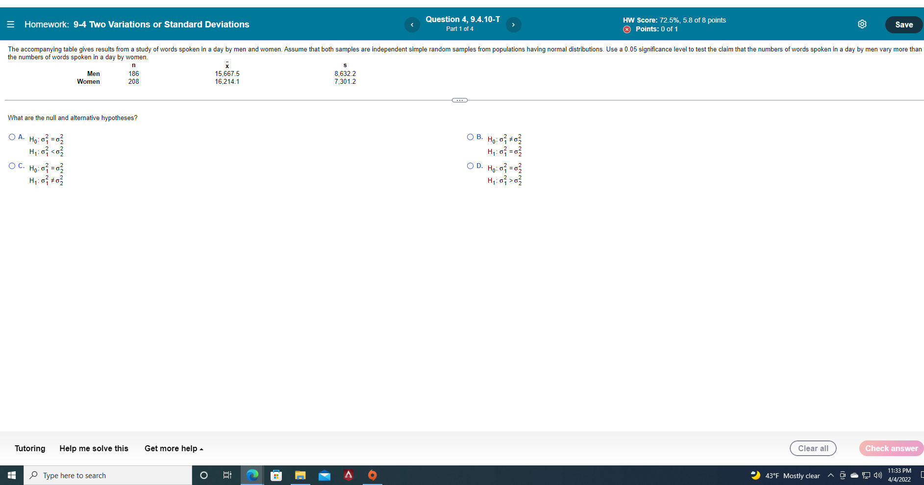 Solved = Homework: 9-4 Two Variations or Standard Deviations | Chegg.com
