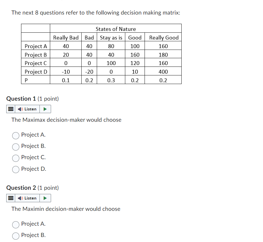 Solved 1.The Maximax decision-maker would choose2.The | Chegg.com