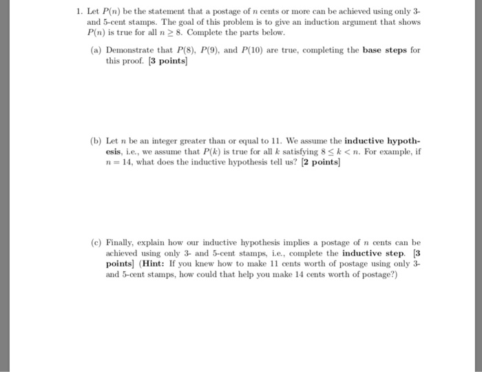 Solved 1·Let P(n) be the statement that a postage of n cents | Chegg.com