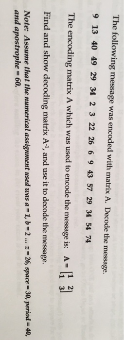 Solved The following message was encoded with matrix A. | Chegg.com