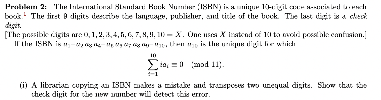 Solved Problem 2: The International Standard Book Number | Chegg.com