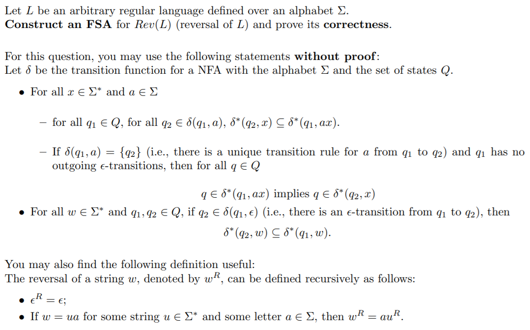 Let L be an arbitrary regular language defined over | Chegg.com