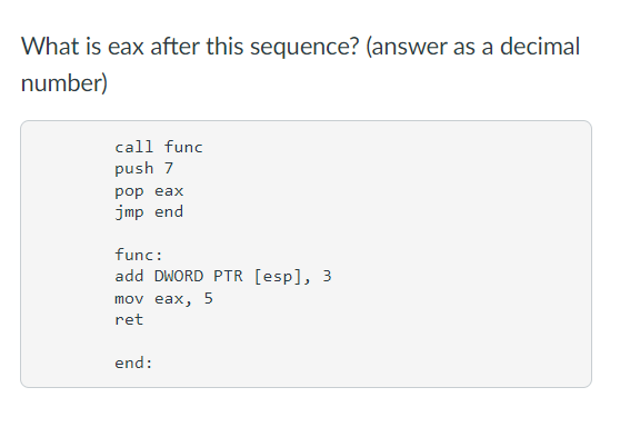 Solved What is eax after this sequence? (answer as a decimal | Chegg.com