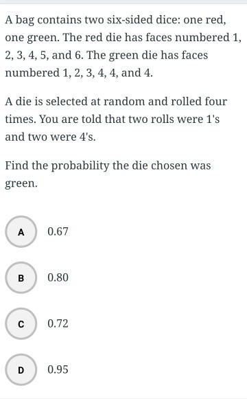 Solved A bag contains two six-sided dice: one red, one | Chegg.com