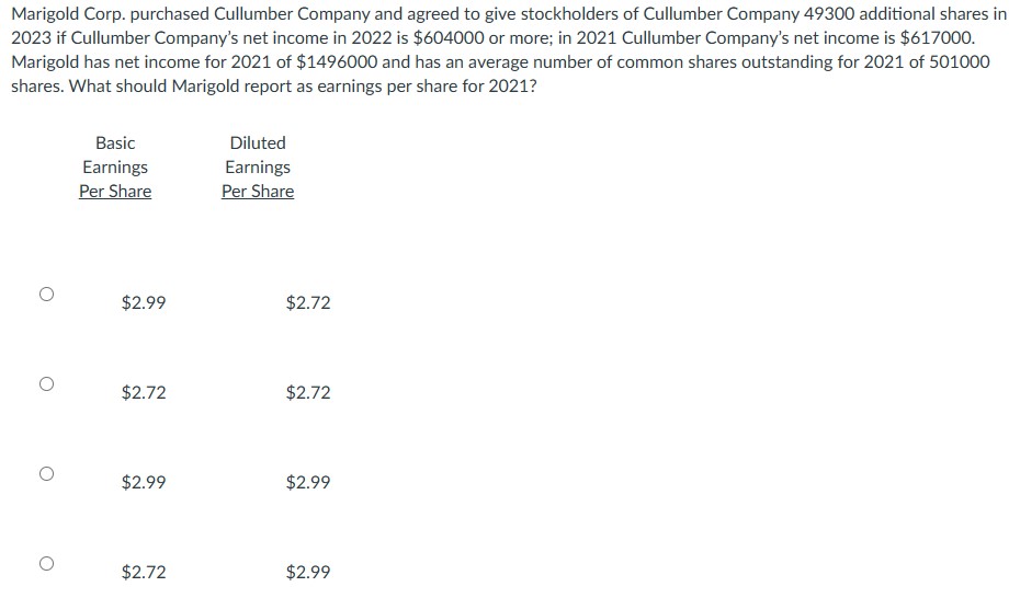 Solved Marigold Corp. purchased Cullumber Company and agreed | Chegg.com