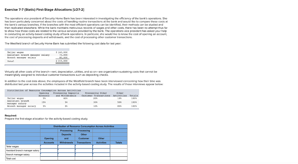 Solved Exercise 7-7 (Static) First-Stage Allocations [LO7-2] | Chegg.com