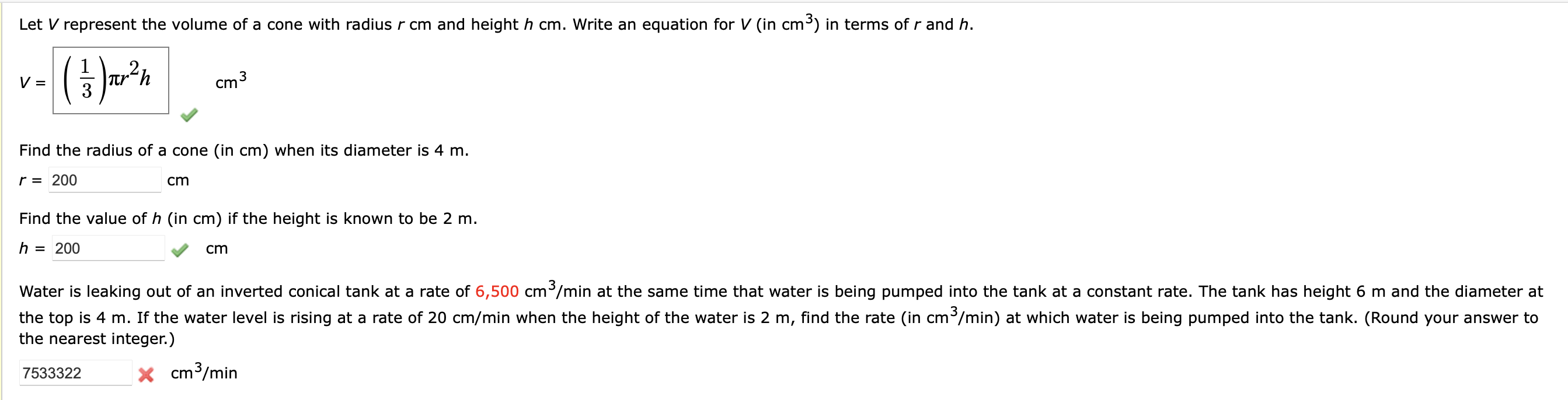 Solved Let V represent the volume of a cone with radius r cm | Chegg.com