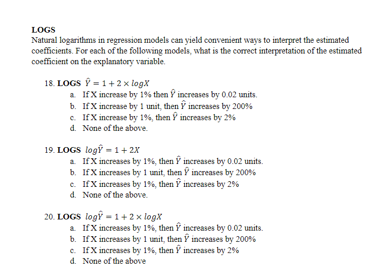 Solved LOGS Natural logarithms in regression models can | Chegg.com
