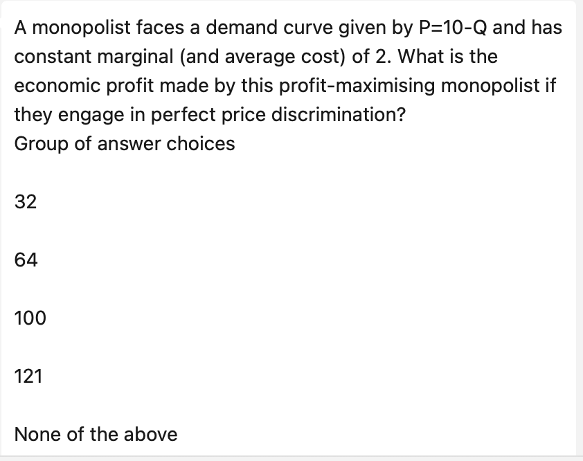Solved A monopolist faces a demand curve given by P=10−Q and | Chegg.com