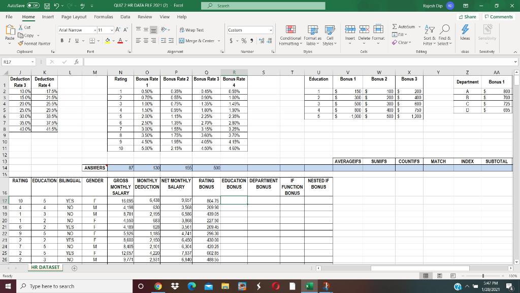 AutoSave C 90 QUIZ 2 HR DATA FILF 2021021 Excel | Chegg.com