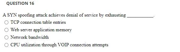 Solved QUESTION 16 A SYN spoofing attack achieves denial of | Chegg.com