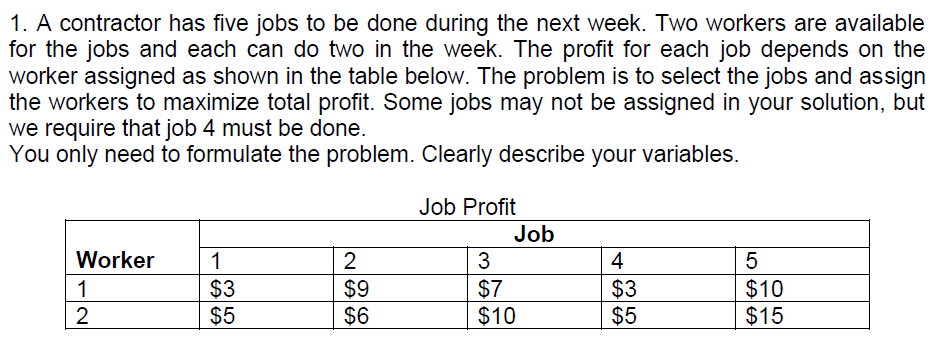 Solved 1. A contractor has five jobs to be done during the | Chegg.com