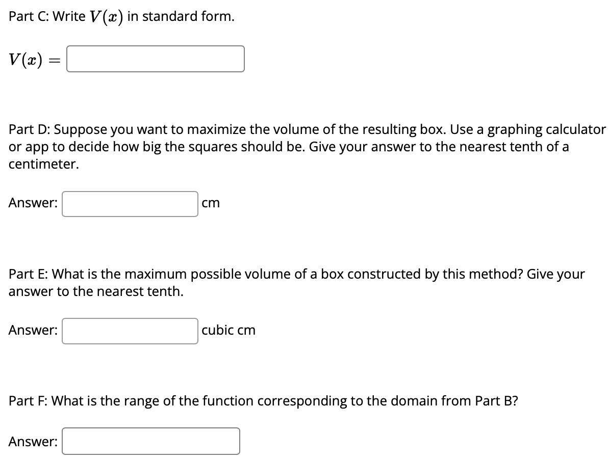 Solved Part A: Give a formula for the volume V(x) of the box | Chegg.com
