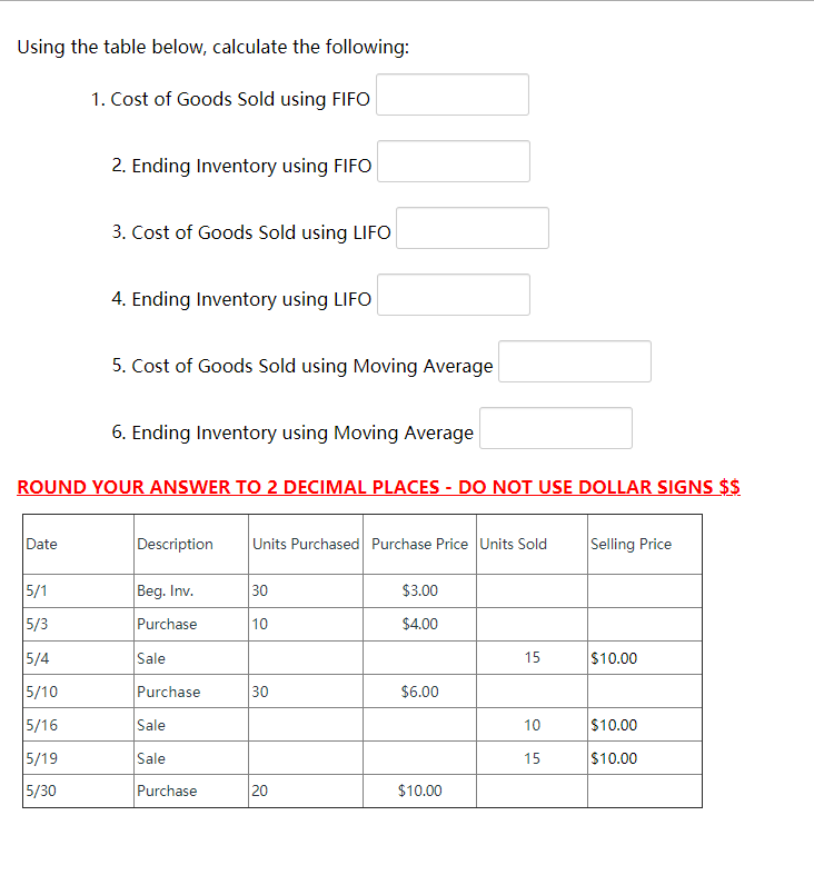 Solved Using the table below, calculate the following: 1. | Chegg.com