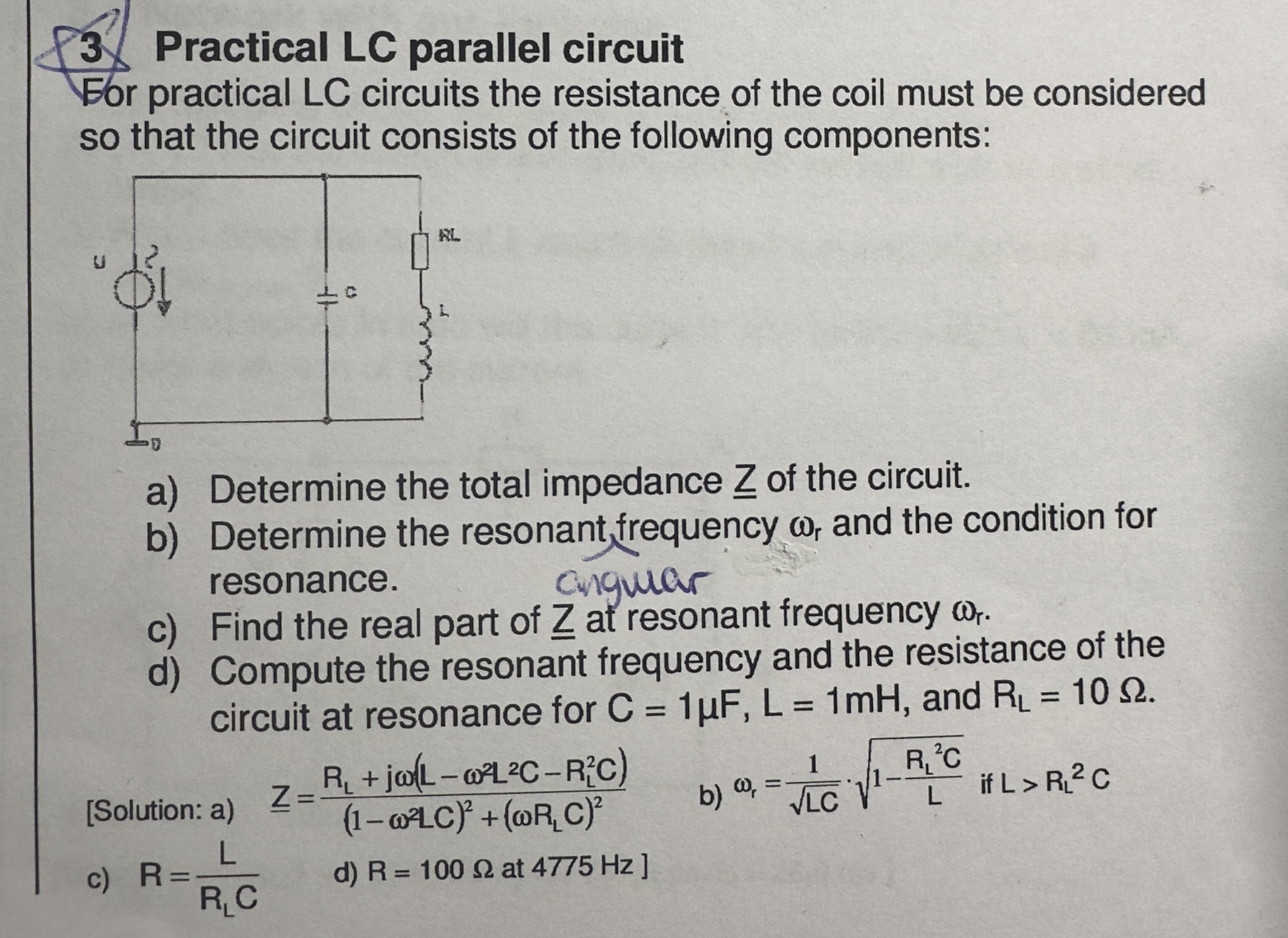 Solved 3. Practical LC parallel circuit Eor practical LC | Chegg.com