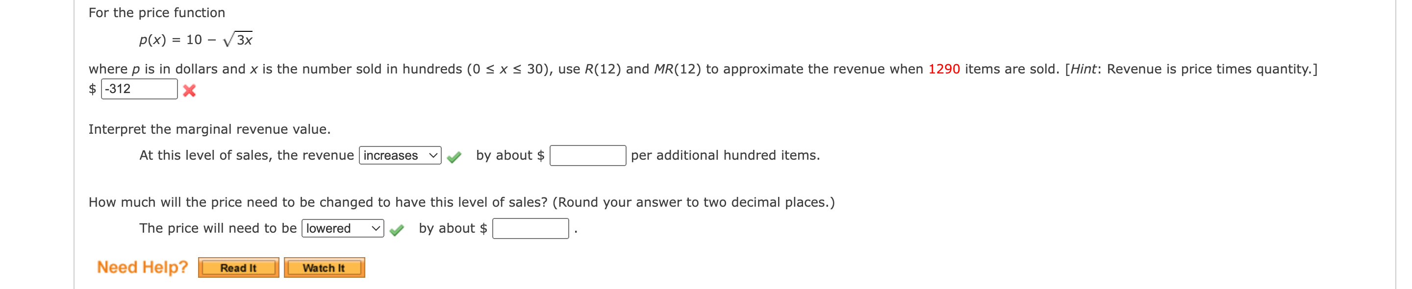 Solved For the price function p(x)=10−3x $ Interpret the | Chegg.com