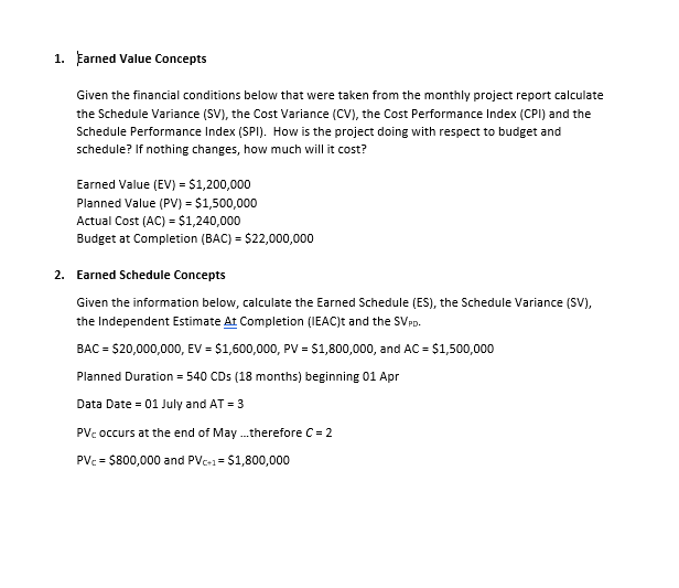 Solved Earned Value ConceptsGiven the financial conditions | Chegg.com