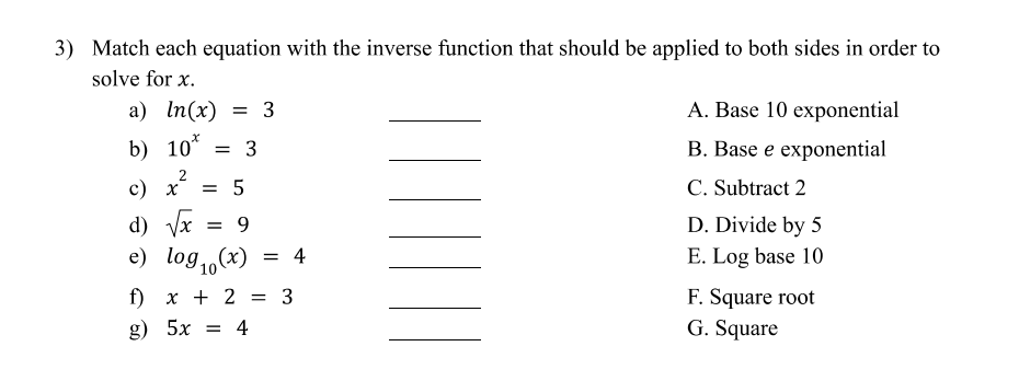 Solved 3) Match each equation with the inverse function that | Chegg.com