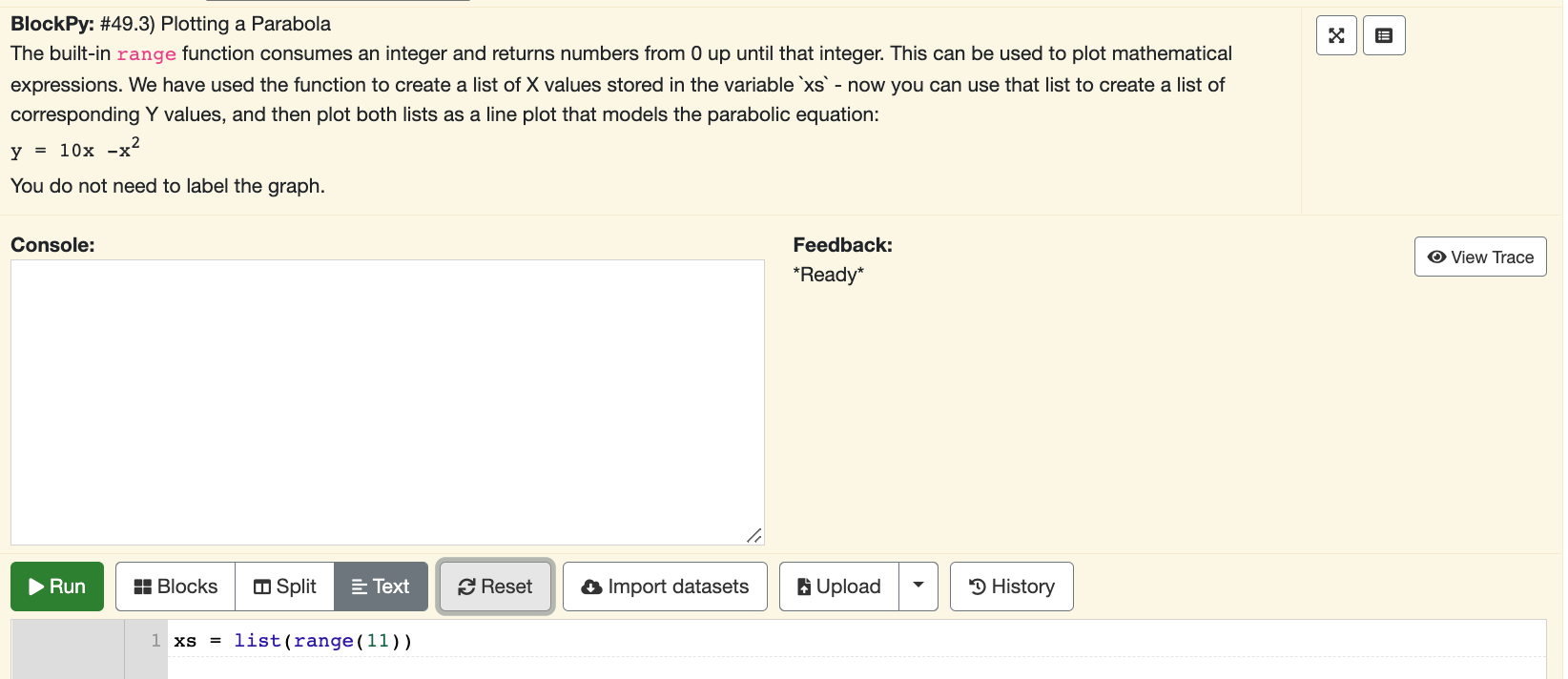 Solved BlockPy: #49.3) Plotting a Parabola The built-in | Chegg.com