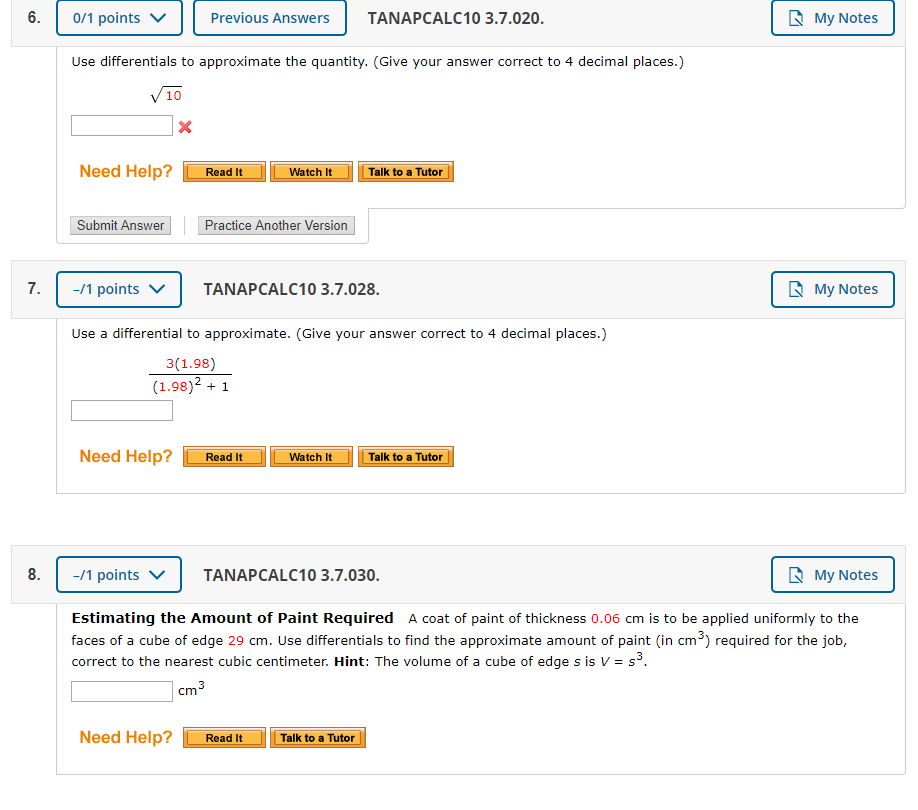 Solved 0/1 points v Previous Answers TANAPCALC10 3.7.020. My | Chegg.com