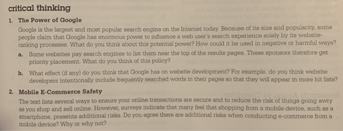 Solved critical thinking 1. The Power of Google Google is | Chegg.com