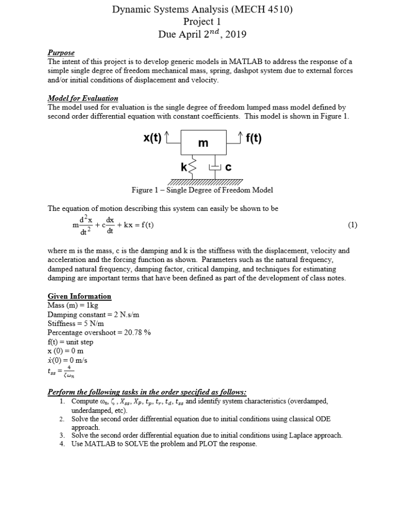 Dynamic System Analysis (MECH 4510) Project 1. | Chegg.com