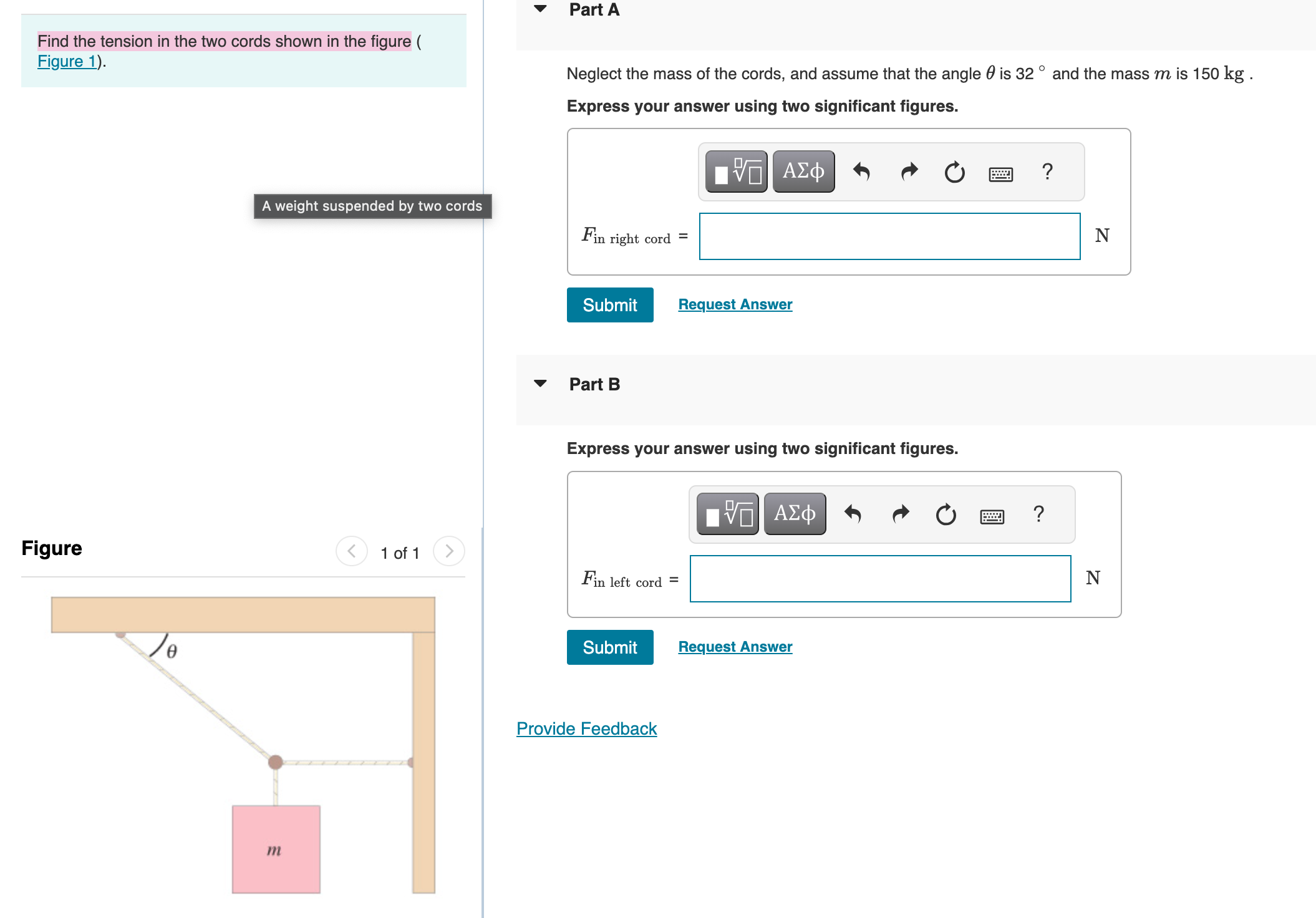 Solved Part AFind the tension in the two cords shown in the | Chegg.com
