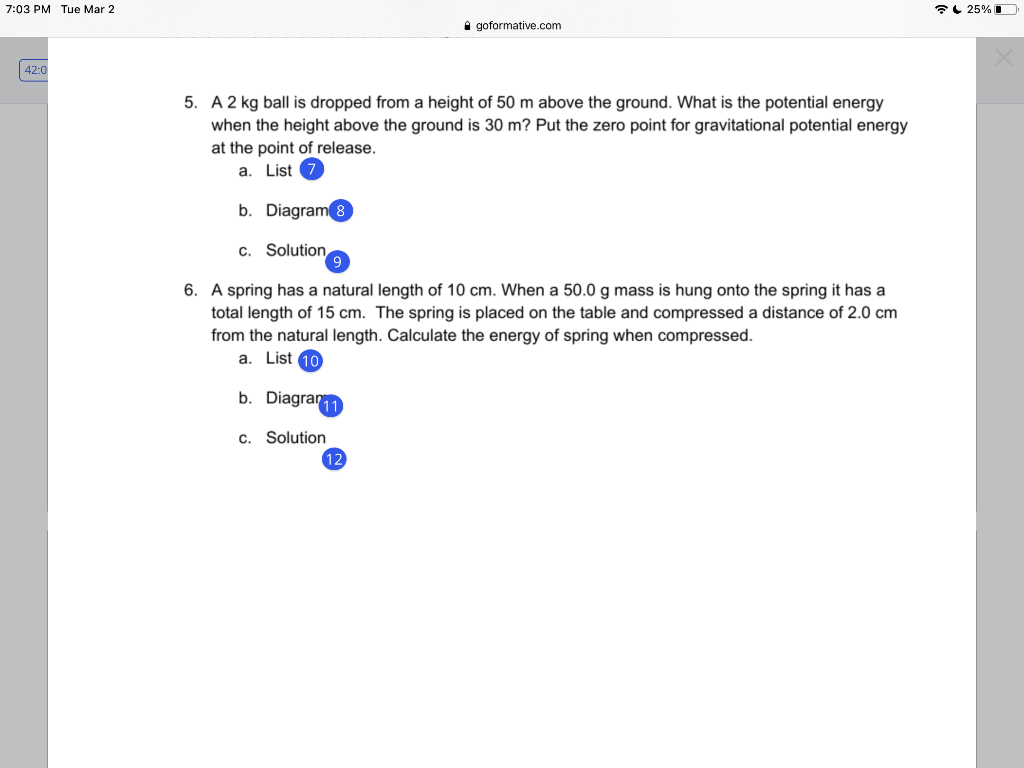 Solved 7:03 PM Tue Mar 2 25%O goformative.com 42-0 5. A 2 kg | Chegg.com
