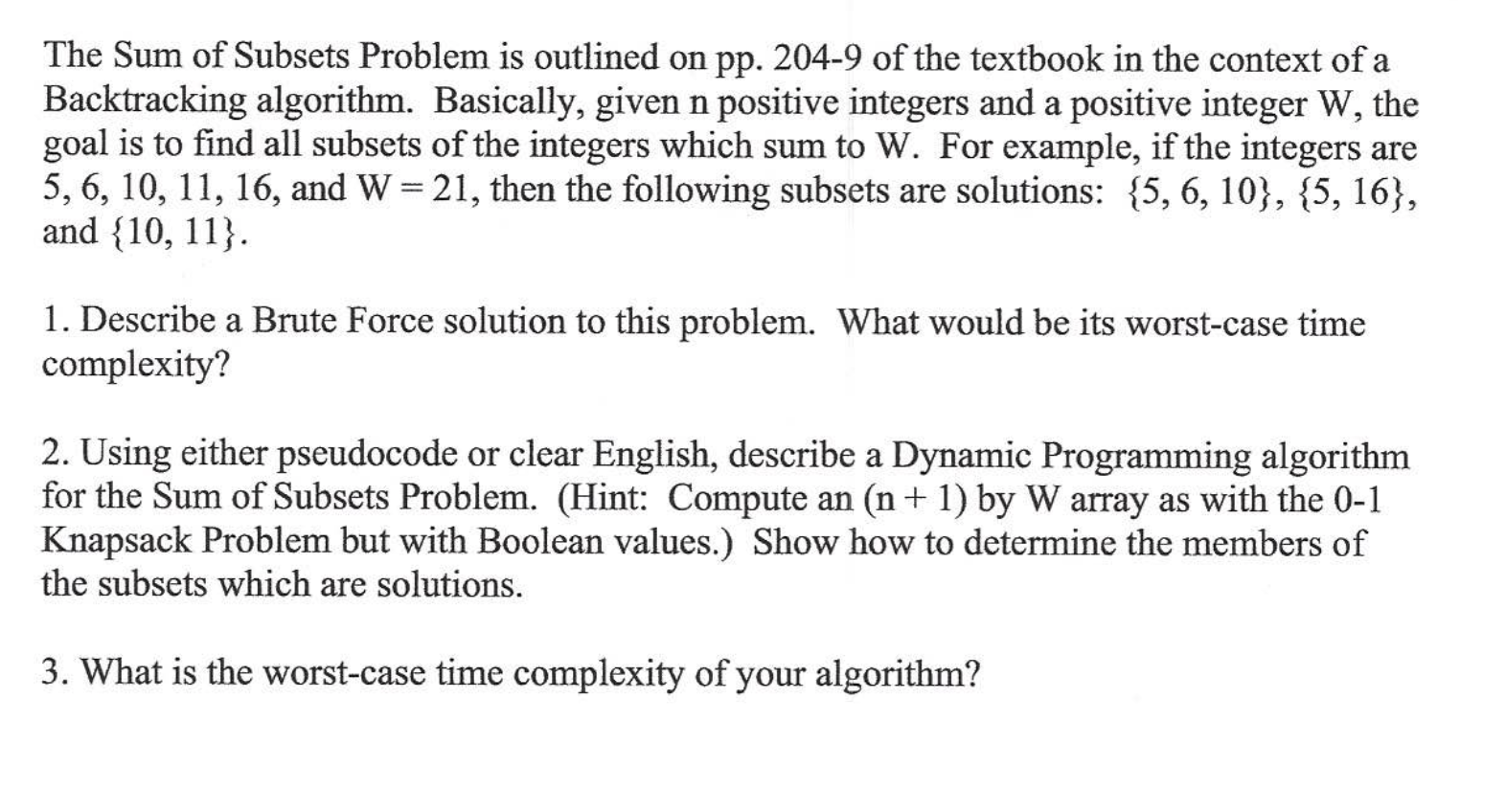 Solved The Sum of Subsets Problem is outlined on pp. 204-9 | Chegg.com