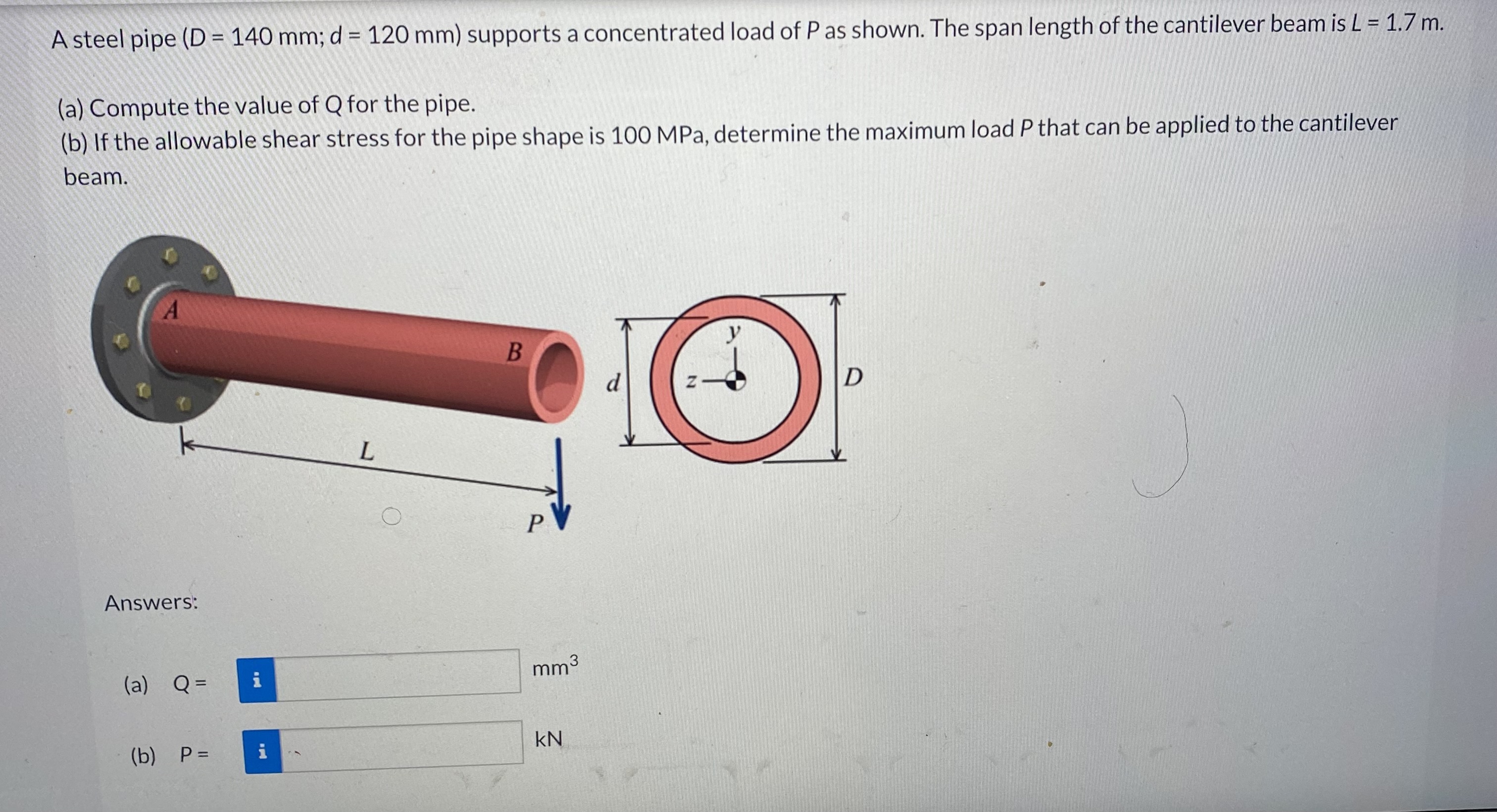 Solved A steel pipe ( D=140mm;d=120mm ) ﻿supports a | Chegg.com
