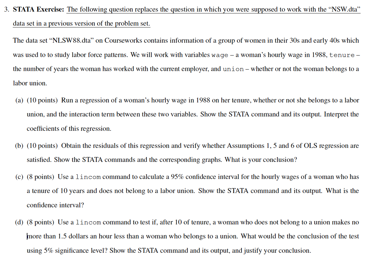 3. STATA Exercise: The following question replaces | Chegg.com