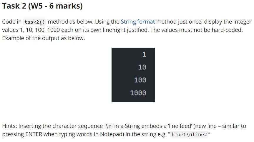 Solved Task 2 (W5 - 6 marks) Code in task2() method as | Chegg.com