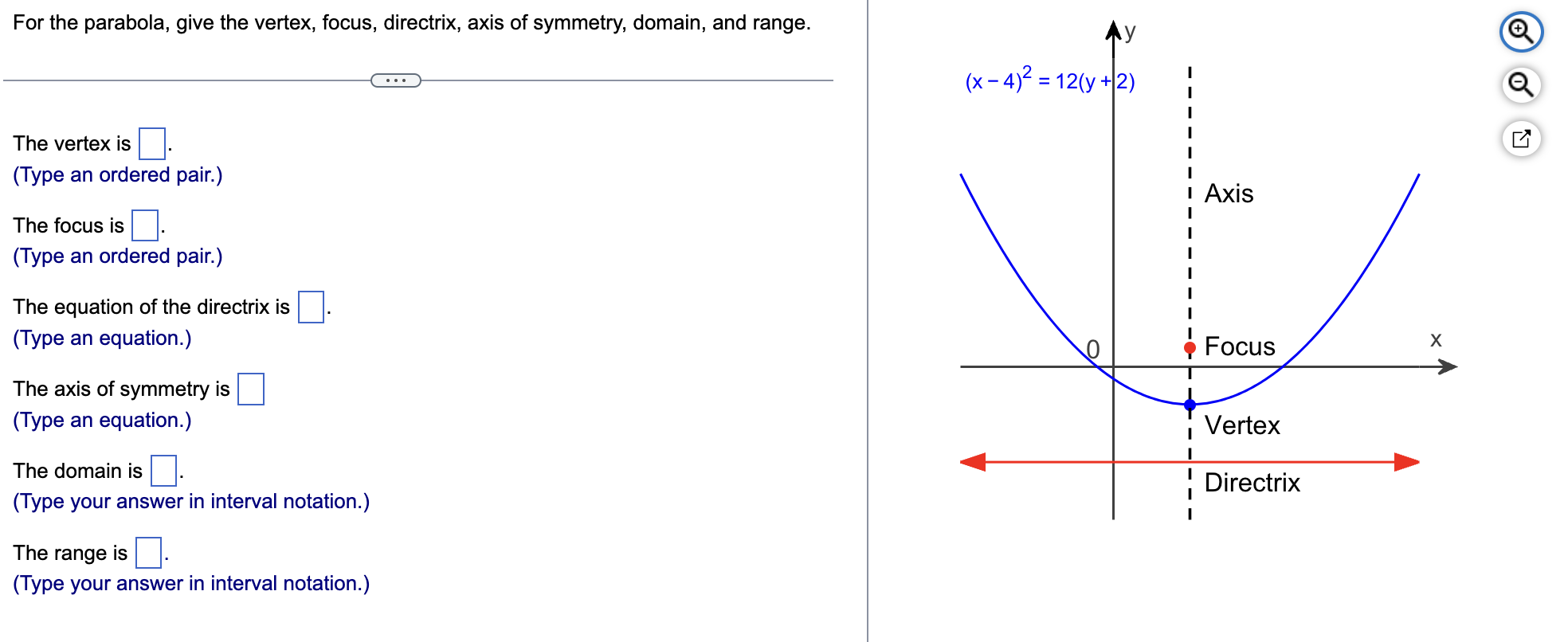 Solved For the parabola, give the vertex, focus, directrix, | Chegg.com