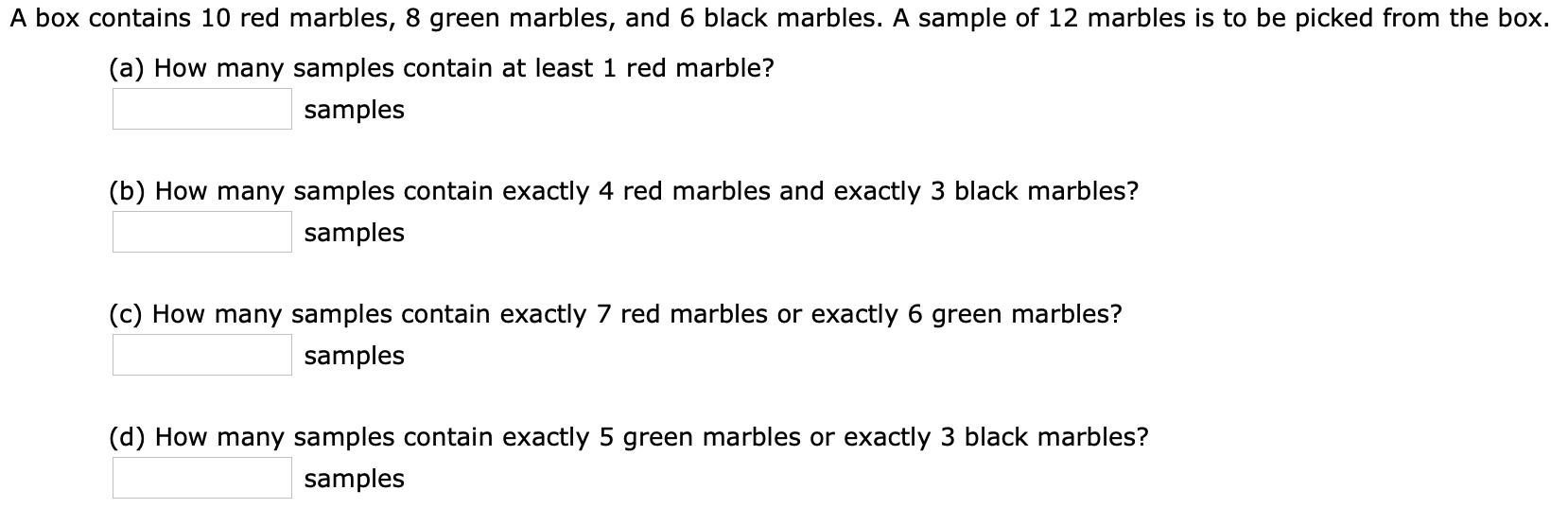 Solved A box contains 10 red marbles, 8 green marbles, and 6 | Chegg.com
