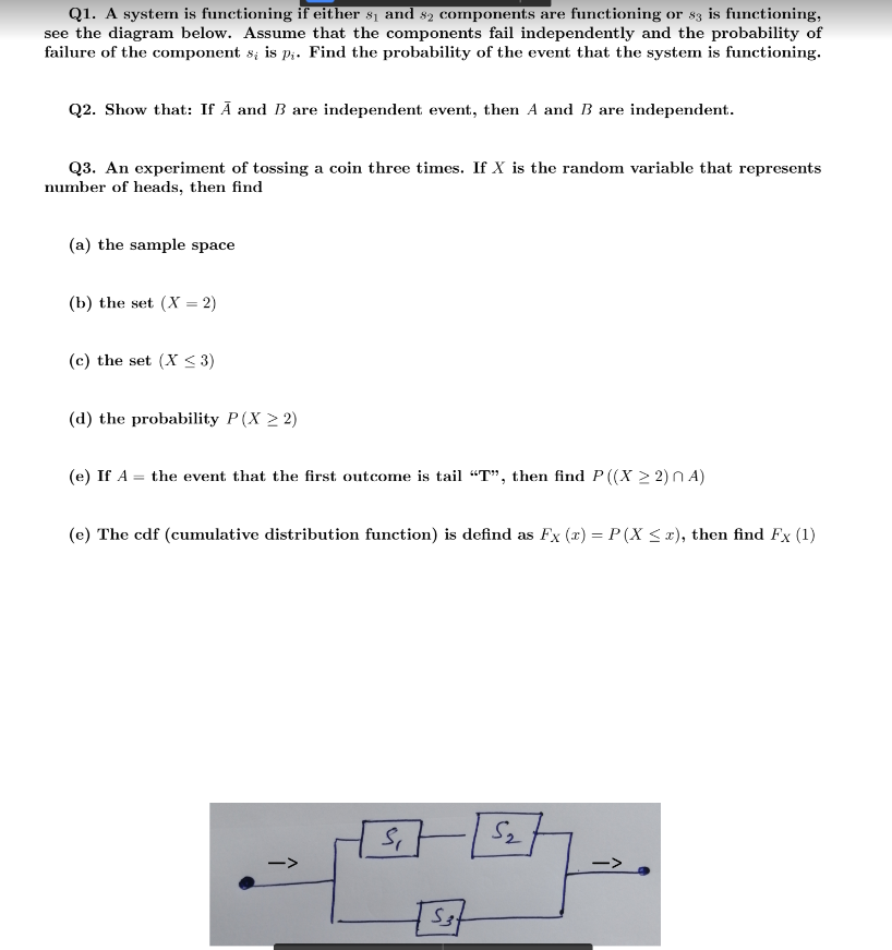 Solved Q1. A system is functioning if either s1 and s2 | Chegg.com