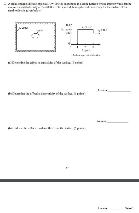 Solved 9. A small opaque, diffuse object at Ts=400 K is | Chegg.com