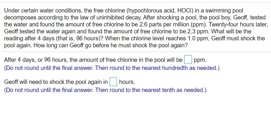 Solved Under certain water conditions, the free chlorine | Chegg.com