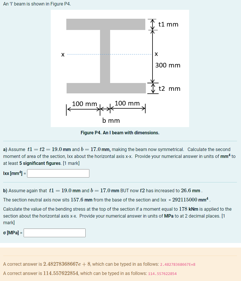 Solved Figure P4. An I beam with dimensions. a) Assume | Chegg.com