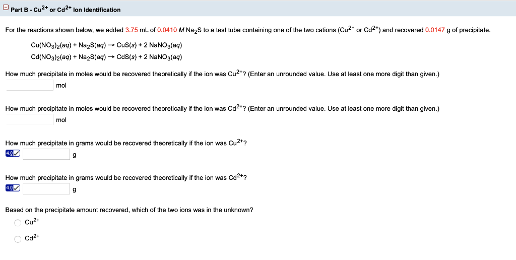 Solved Part B - Cu2+ or Cd2+ Ion Identification For the | Chegg.com