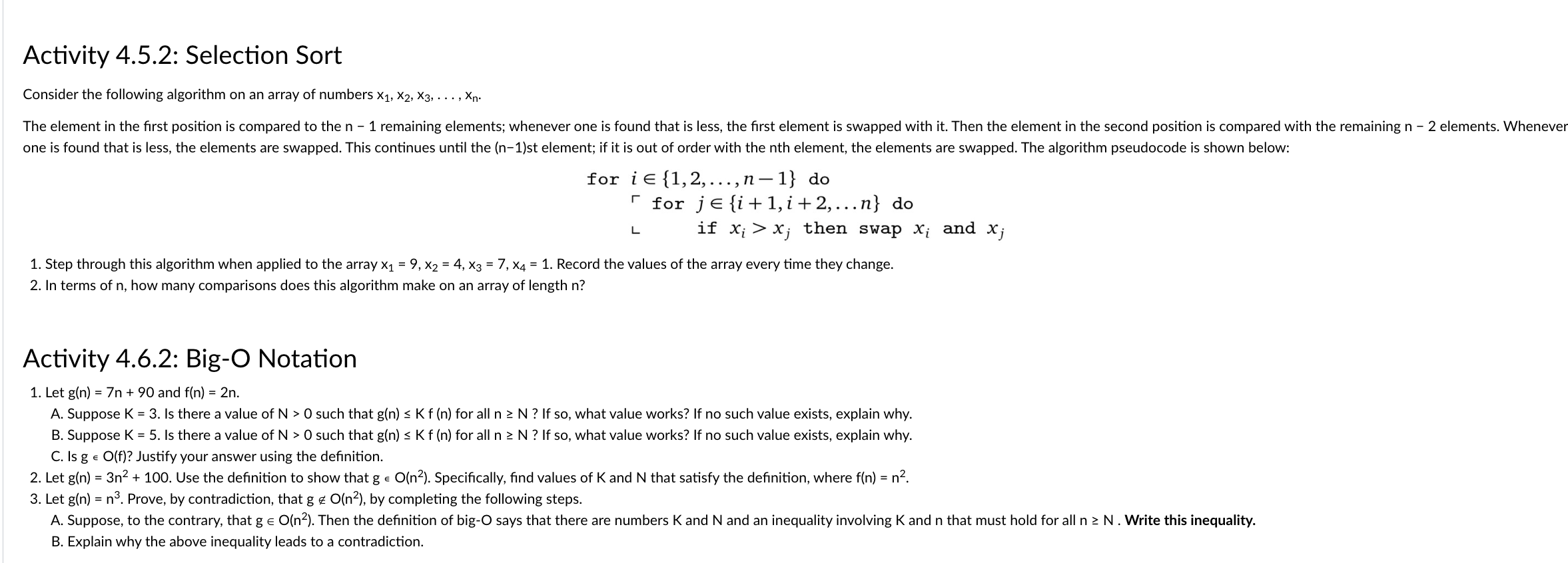 Solved Activity 452 Selection Sort Consider The Following 4517