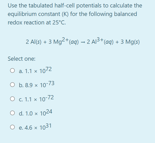 Solved Use the tabulated half-cell potentials to calculate | Chegg.com