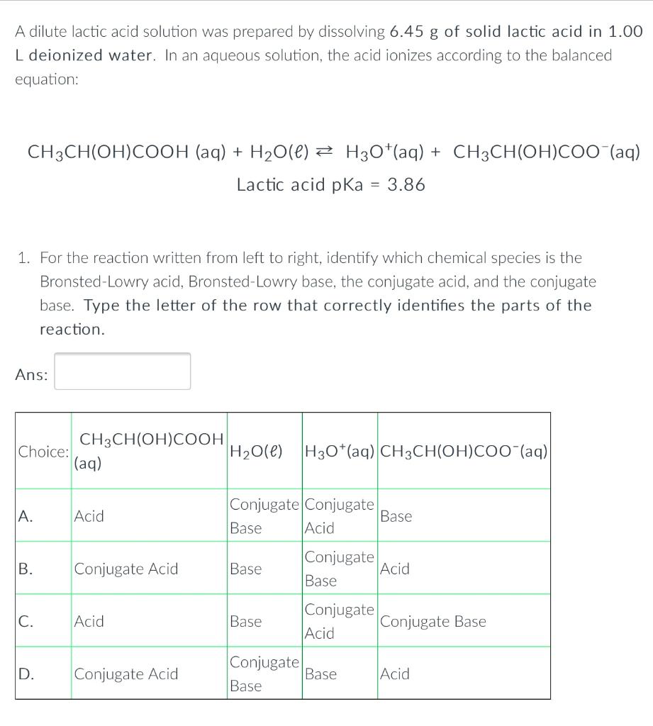 Solved A dilute lactic acid solution was prepared by | Chegg.com