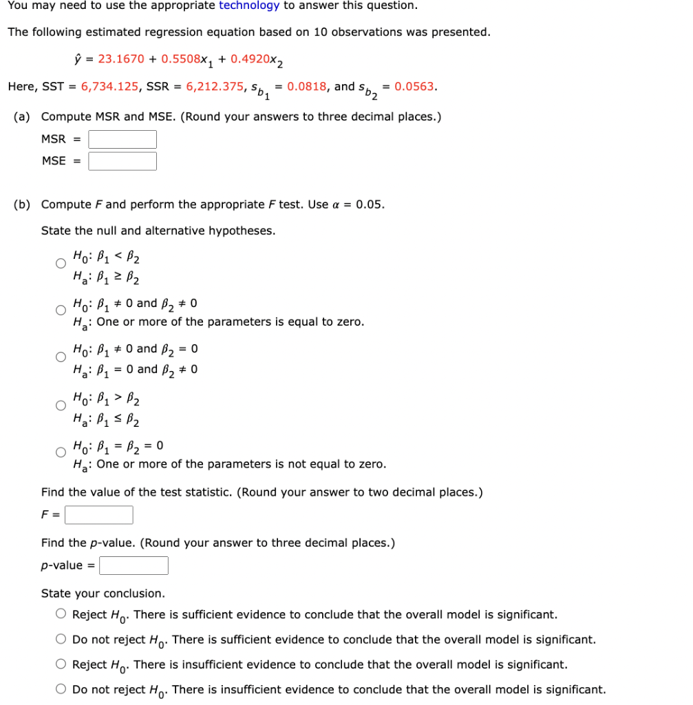 Solved y^=23.1670+0.5508x1+0.4920x2 lere, | Chegg.com