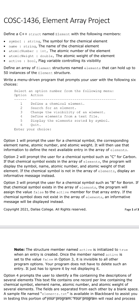 Solved COSC-1436, Element Array Project, C++ Programming | Chegg.com
