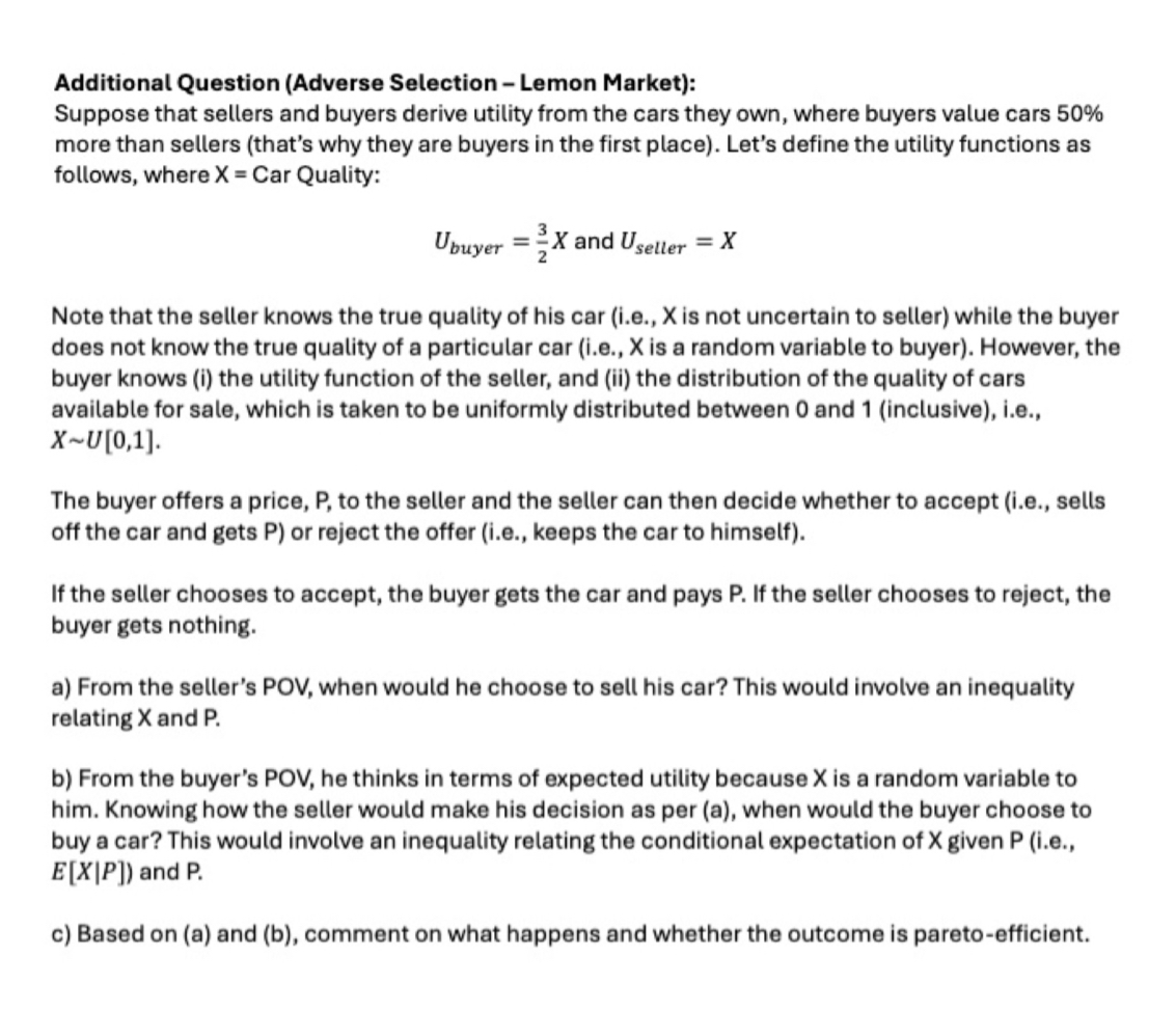 Solved Additional Question (Adverse Selection - ﻿Lemon | Chegg.com