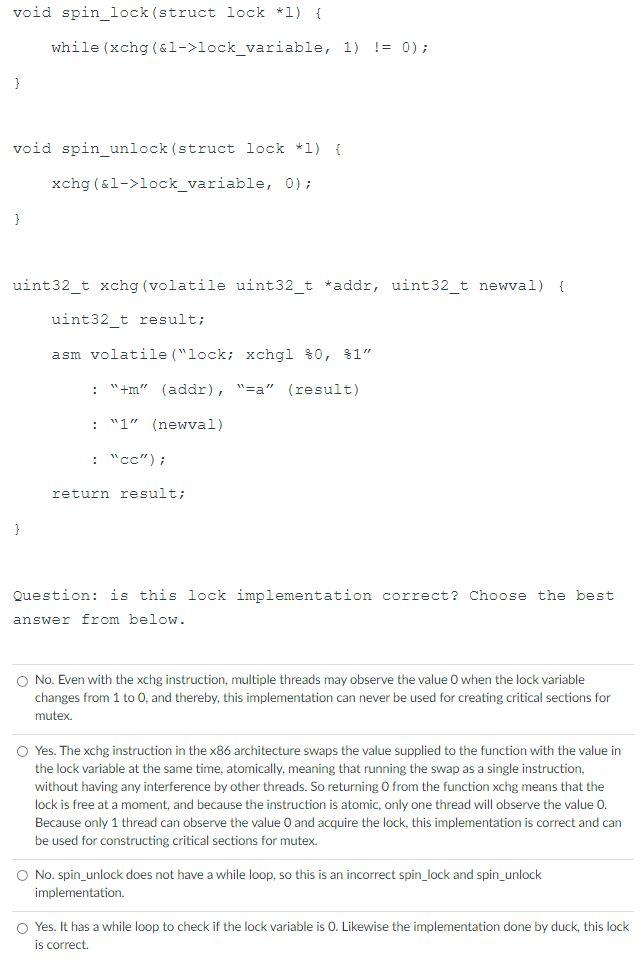 Solved void spin_lock (struct lock *1) { while (xchg | Chegg.com