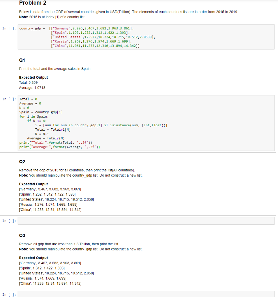 Solved Problem 2 Below is data from the GDP of several | Chegg.com